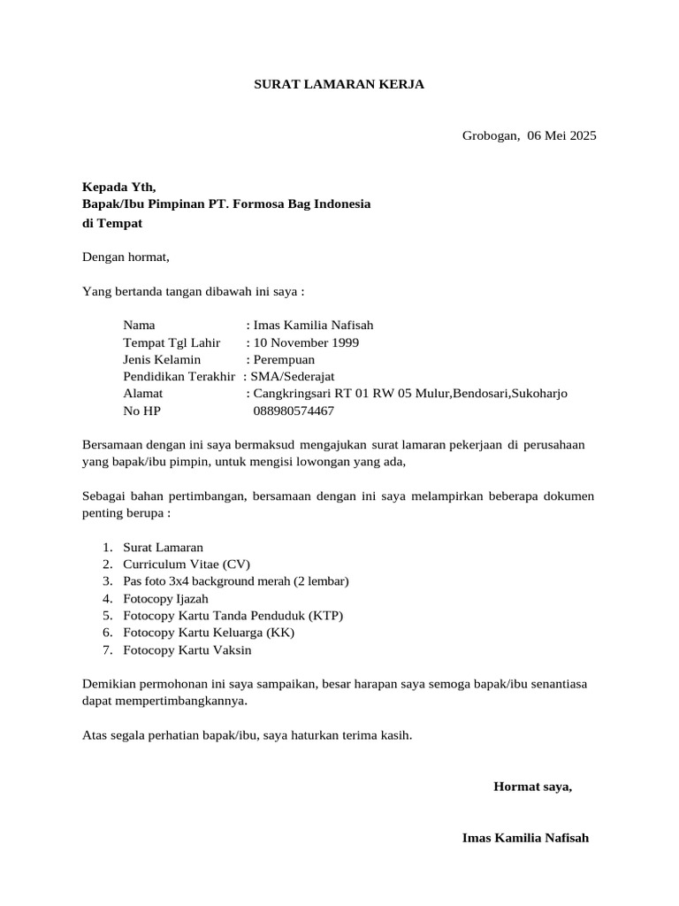 Surat Lamaran Kerja Imas | PDF