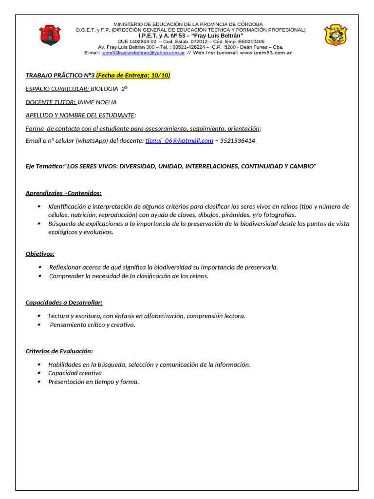 TP N°3 - Biologia 2° - Tercer Materia - Jaime Noelia | PDF | Taxonomía (biología) | Especies