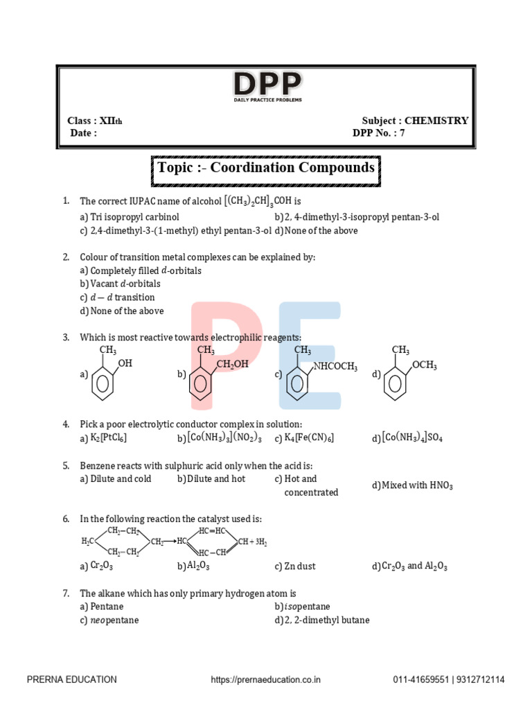 Coordination Compounds DPP 7 | PDF | Methyl Group | Coordination Complex