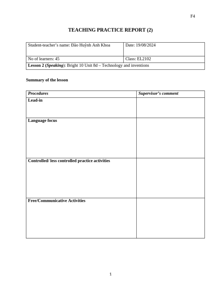 Teaching Practice Report (Lesson 2) (f4) | PDF | Learning | Fluency
