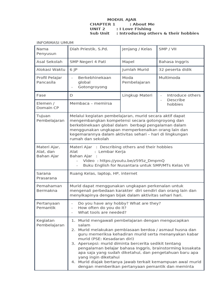MODUL AJAR 7.1 Chapter 1 Unit 2 | PDF