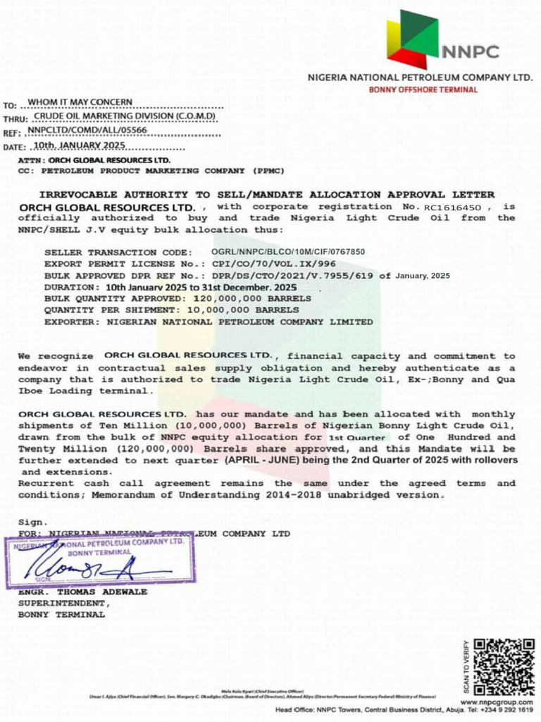 PDF NNPC Mandate Letter Orch Global Resources LTD | PDF