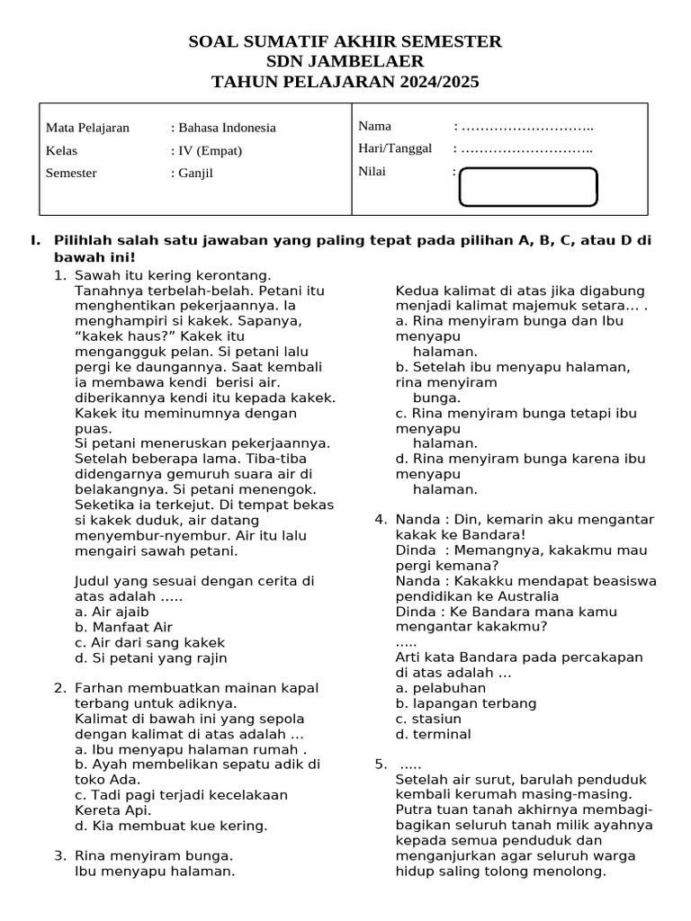 Soal Indonesia Kelas 4 | PDF