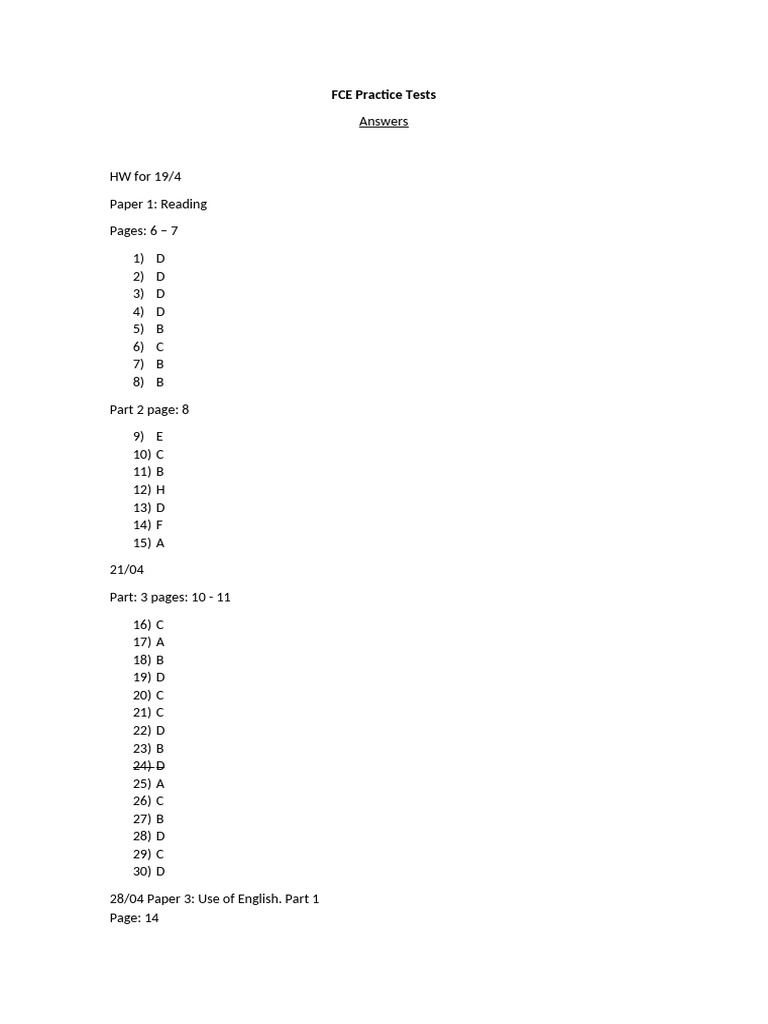 FCE PRACTICE TEST Answers | PDF