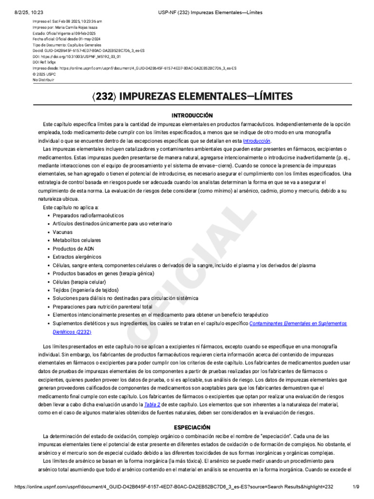 USP-NF 232 Impurezas Elementales-Límites | PDF | Medicamentos con ...