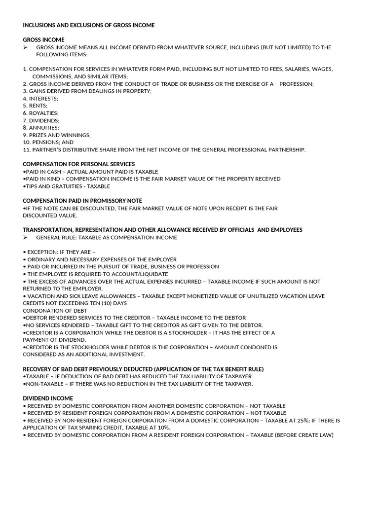 Inclusions and Exclusions of Gross Income | PDF | Lease | Income