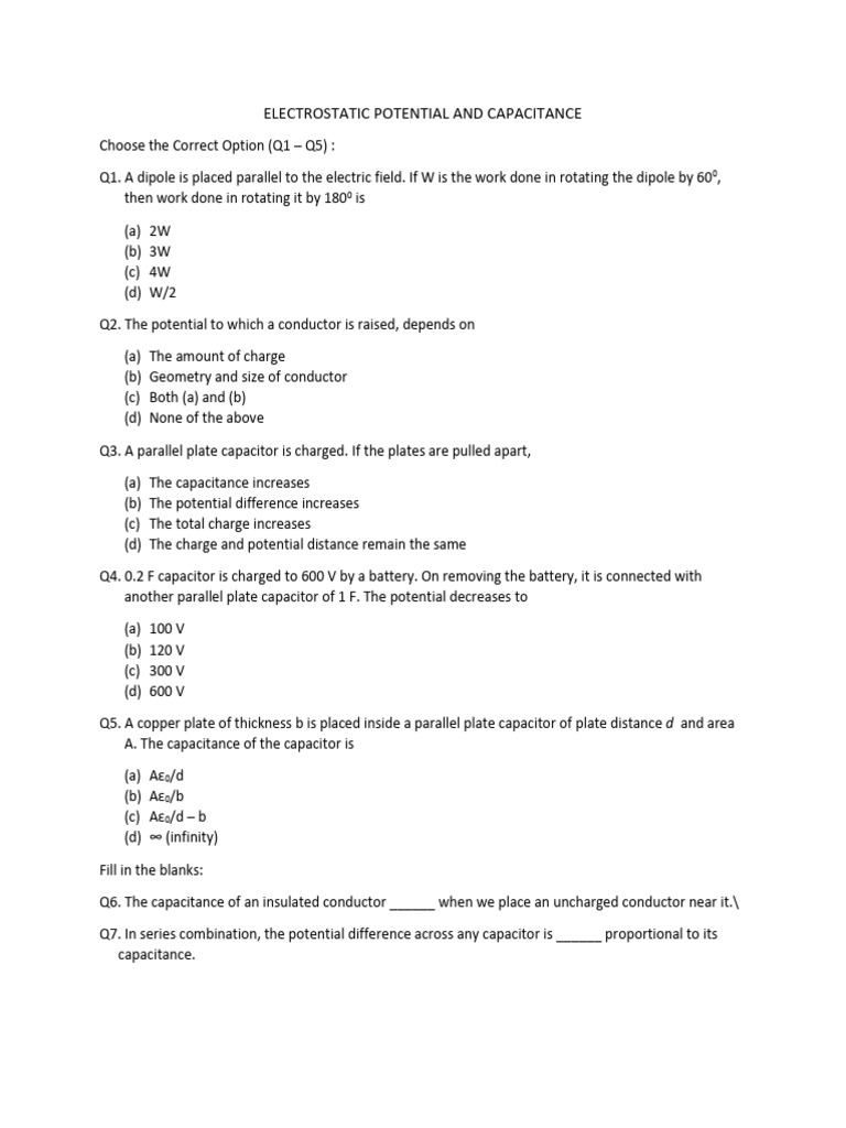 Physics - Electrostatic Worksheet - Class 12 | PDF | Capacitance ...