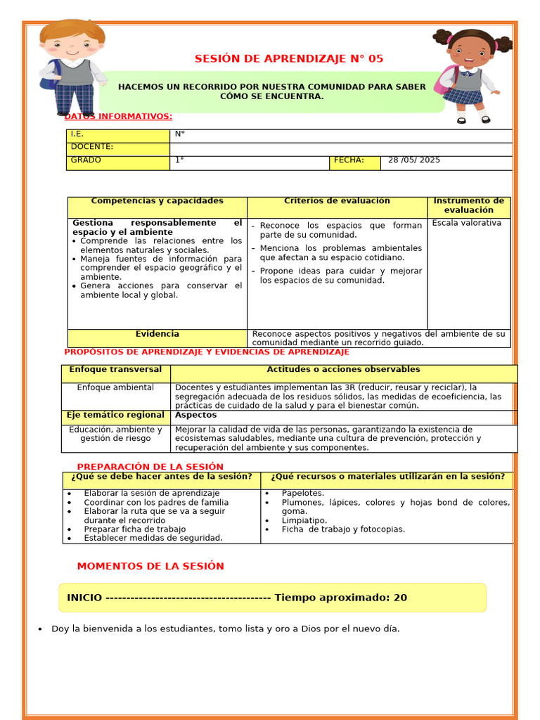 Sesión de Aprendizaje #05 P.S. Realizamos Un Recorrido Por La Comunidad 1° | PDF | Evaluación ...