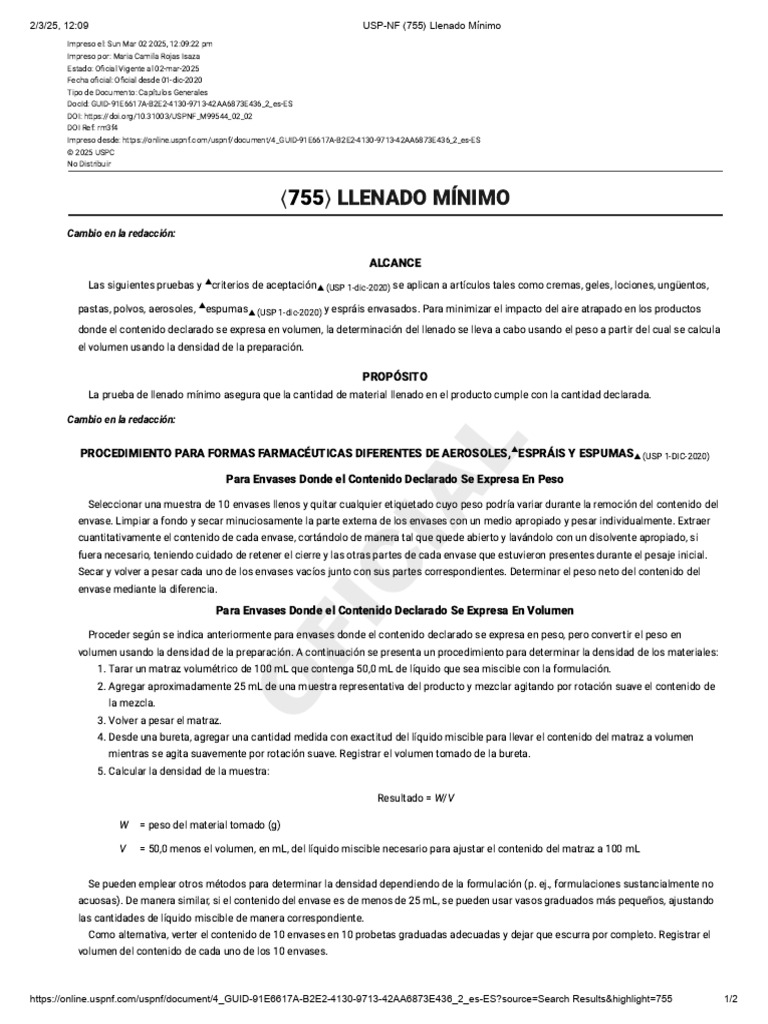 Llenado Mínimo según USP 755 | PDF | Volumen | Densidad