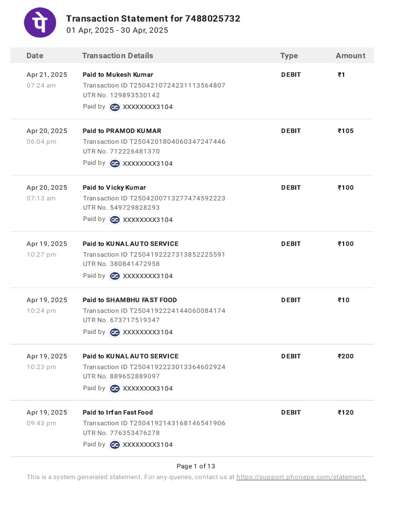 PhonePe Statement Apr2025 Apr2025 | PDF | Debit Card | Debits And Credits