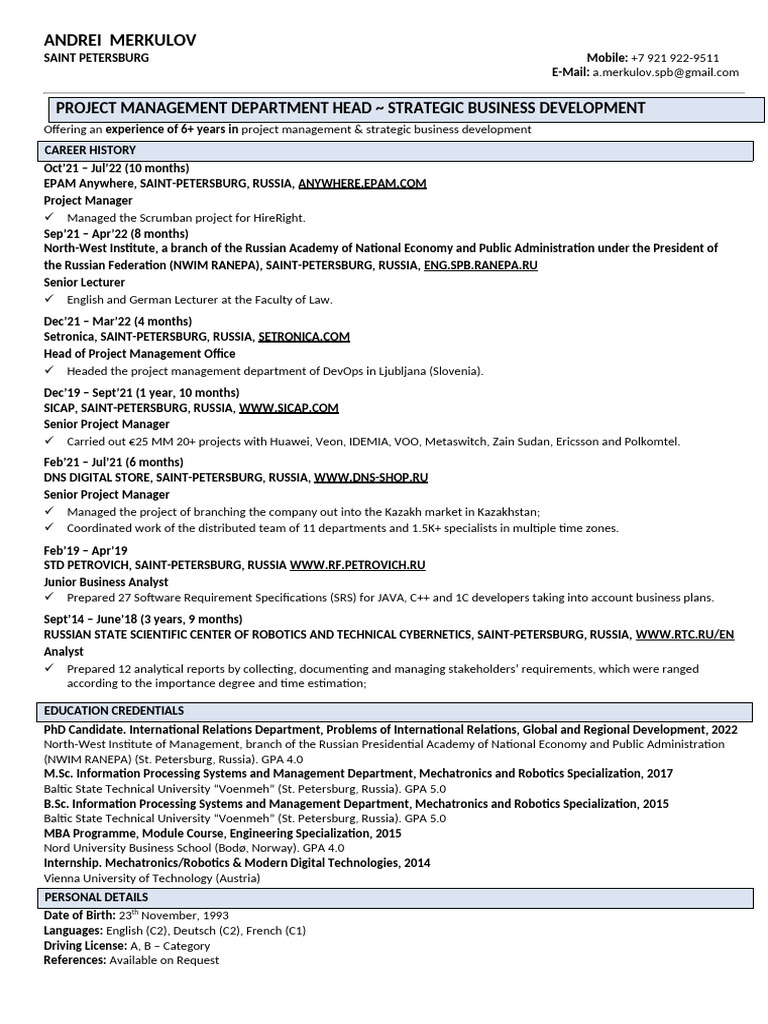 CV Andrei Merkulov ENG 2025 | PDF | Business | Engineering
