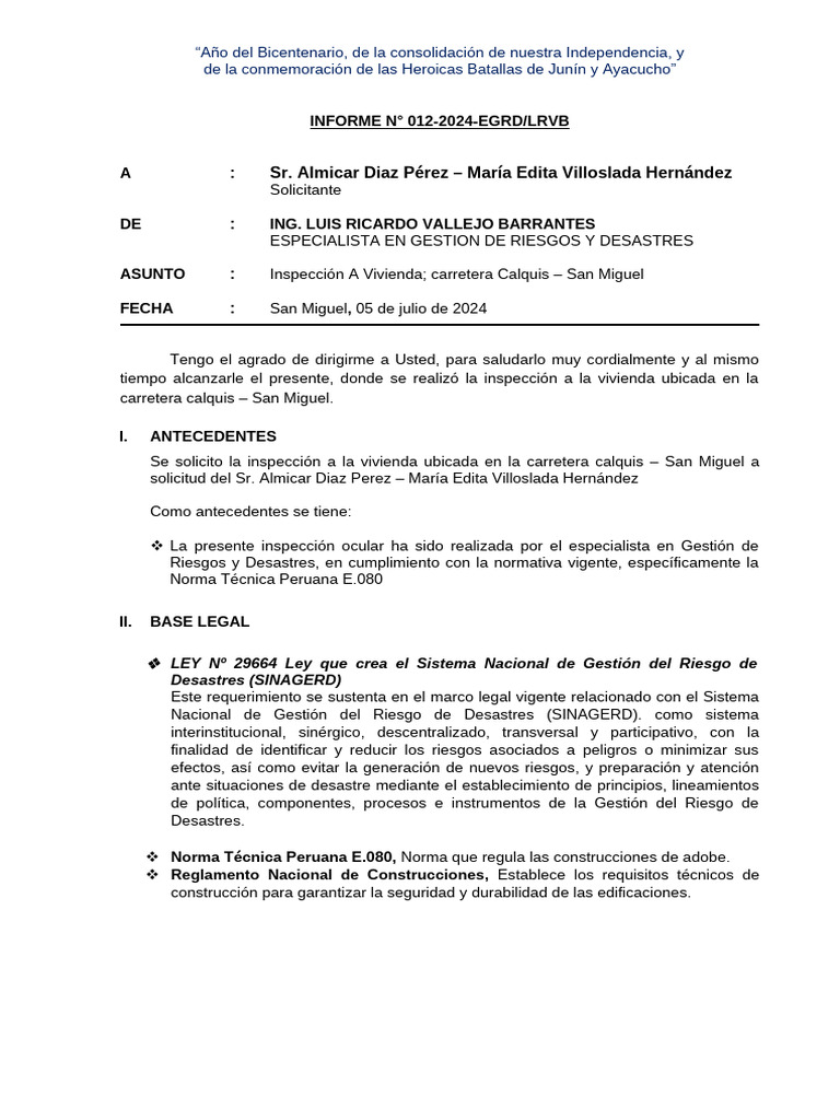 Informe #012-2024 - Inspeccion Ocular Vivienda-Almilcar | PDF | edificio | Ingeniero civil