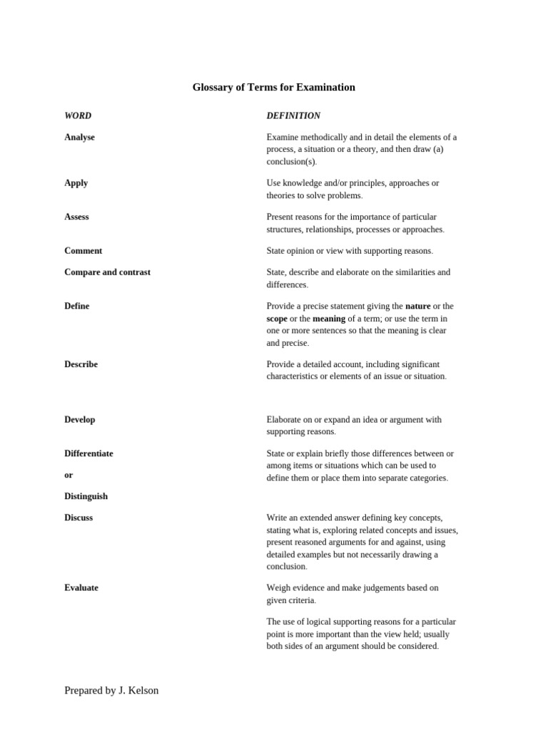 Glossary of Examination Terms | PDF | Reason | Semantics