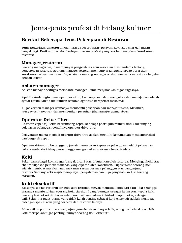 Jenis-Jenis Profesi Di Bidang Kuliner | PDF