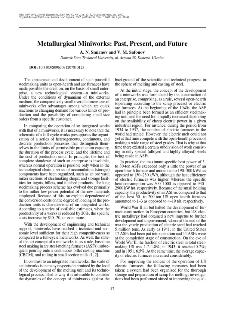 Metallurgical Miniworks: Past, Present, and Future: A. N. Smirnov and V ...
