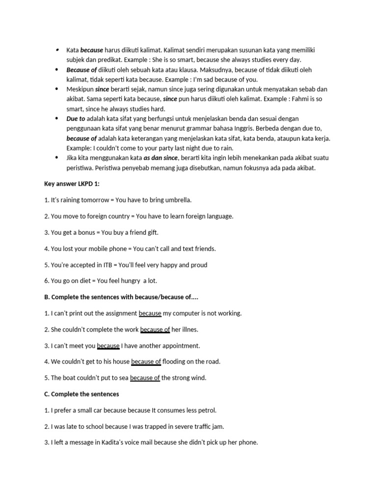 Perbedaan Because, Because of, As, Since | PDF