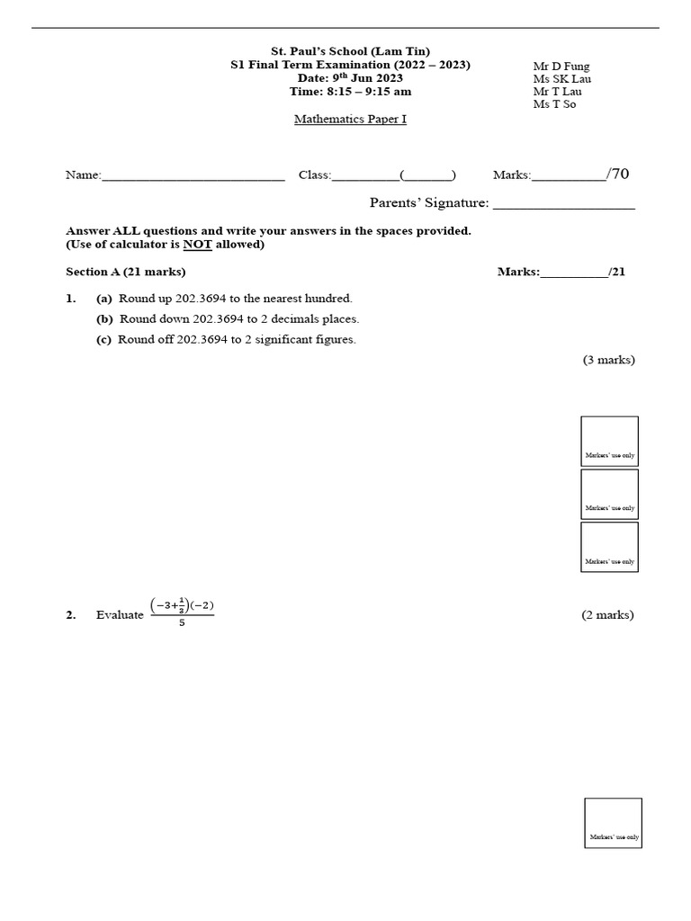 S1 Maths Final Exam Paper 2023 | PDF | Cartesian Coordinate System | Area