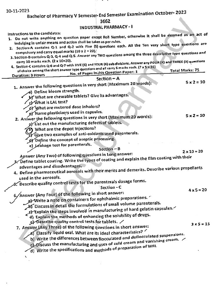 B Pharmacy 5th Sem Question Paper October 2023 | PDF