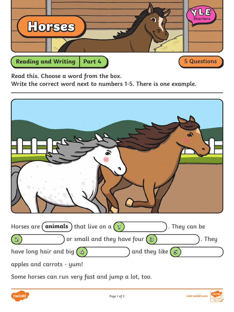 Esl Yle Starters Reading and Writing Part 4 Worksheet Horses Kids Pre ...