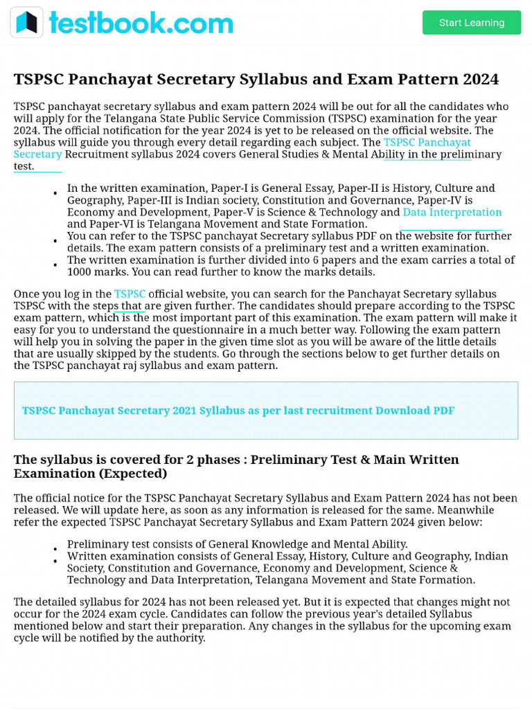 TSPSC Panchayat Secretary Syllabus and Exam Pattern 2024 | PDF