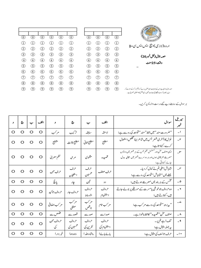 Final Assessment Framework Model Question Paper Urdu HSSC-I | PDF