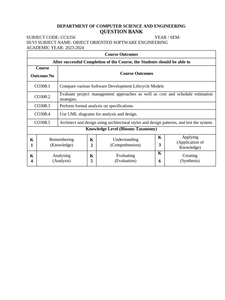 Object Oriented Software Engineering - CCS356 - Important Questions | PDF | Use Case | Software ...