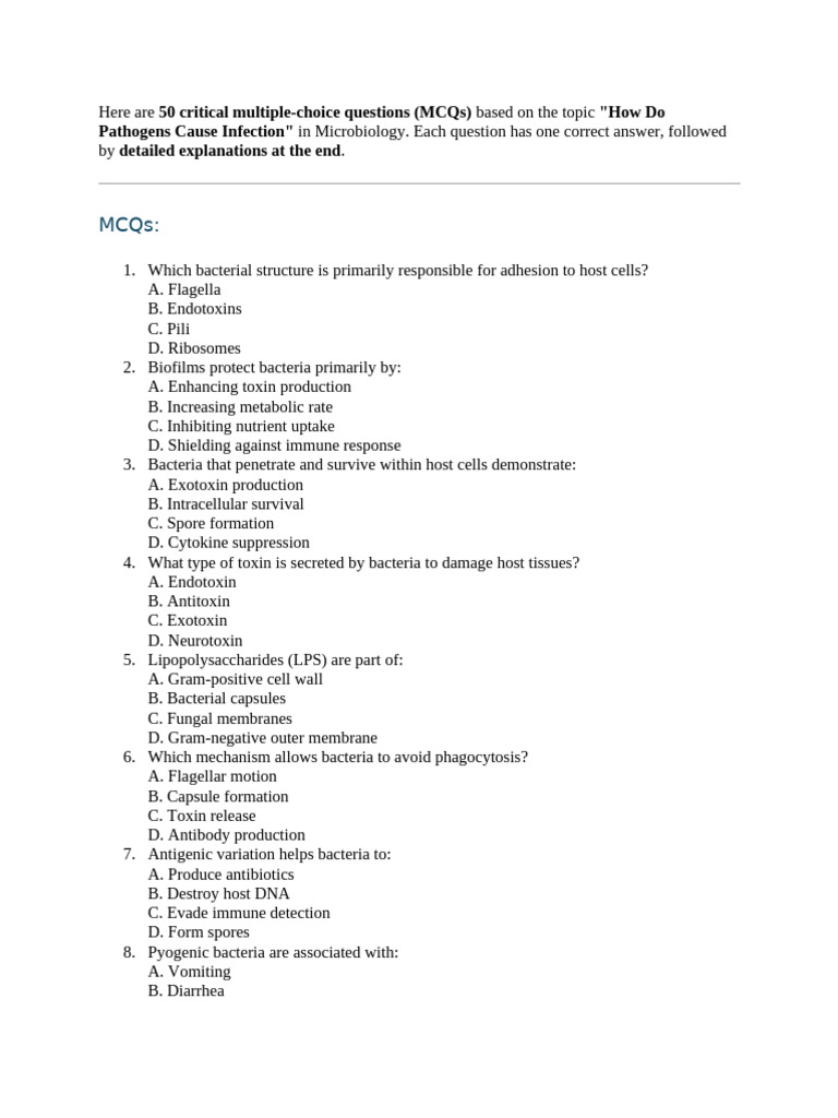 MCQs on Pathogen Infection Mechanisms | PDF | Bacteria | Lipopolysaccharide