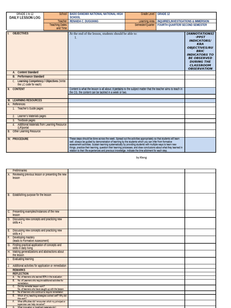 Cot - Inquiries 2025 Blank | PDF | Learning | Teachers