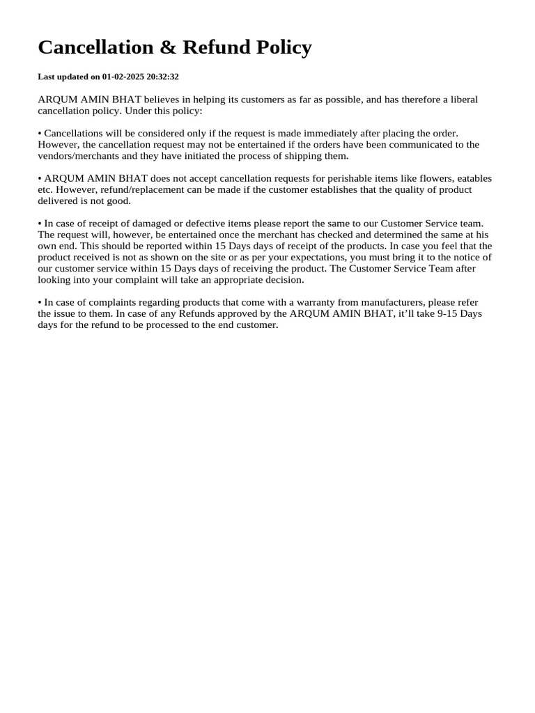 ARQUM AMIN BHAT Cancellation Policy | PDF