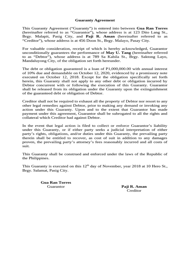 Guaranty Agreement Sample | PDF