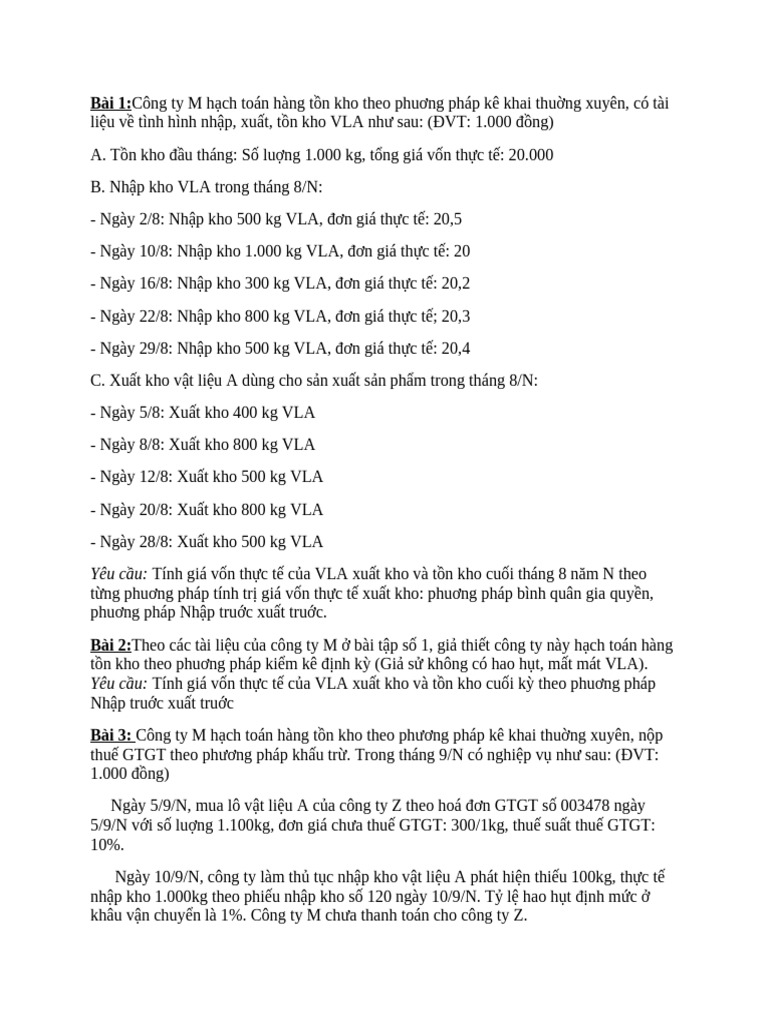 BÀI TẬP CHƯƠNG 2 - KTTC1 | PDF