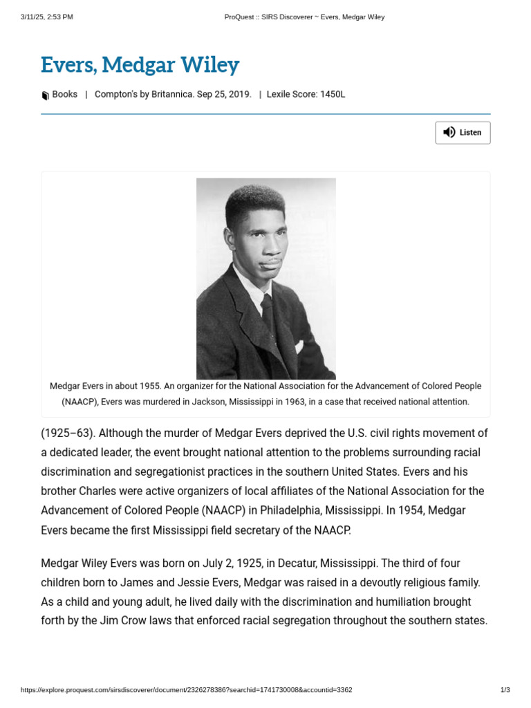 ProQuest :: SIRS Discoverer Evers, Medgar Wiley | PDF | Society Of The ...