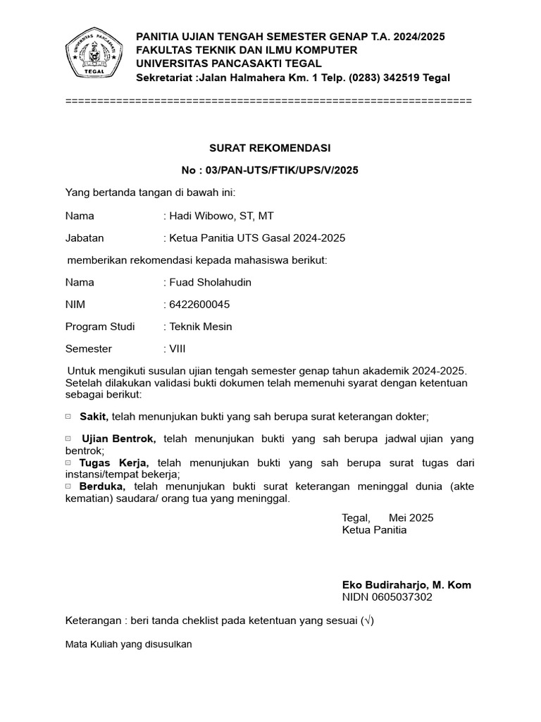 Surat Rekomendasi UTS Susulan Mei 2025 | PDF