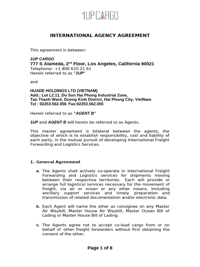 HD DAI LY-1UP Agency Agreement USA - Siri Logistics | PDF | Cargo ...
