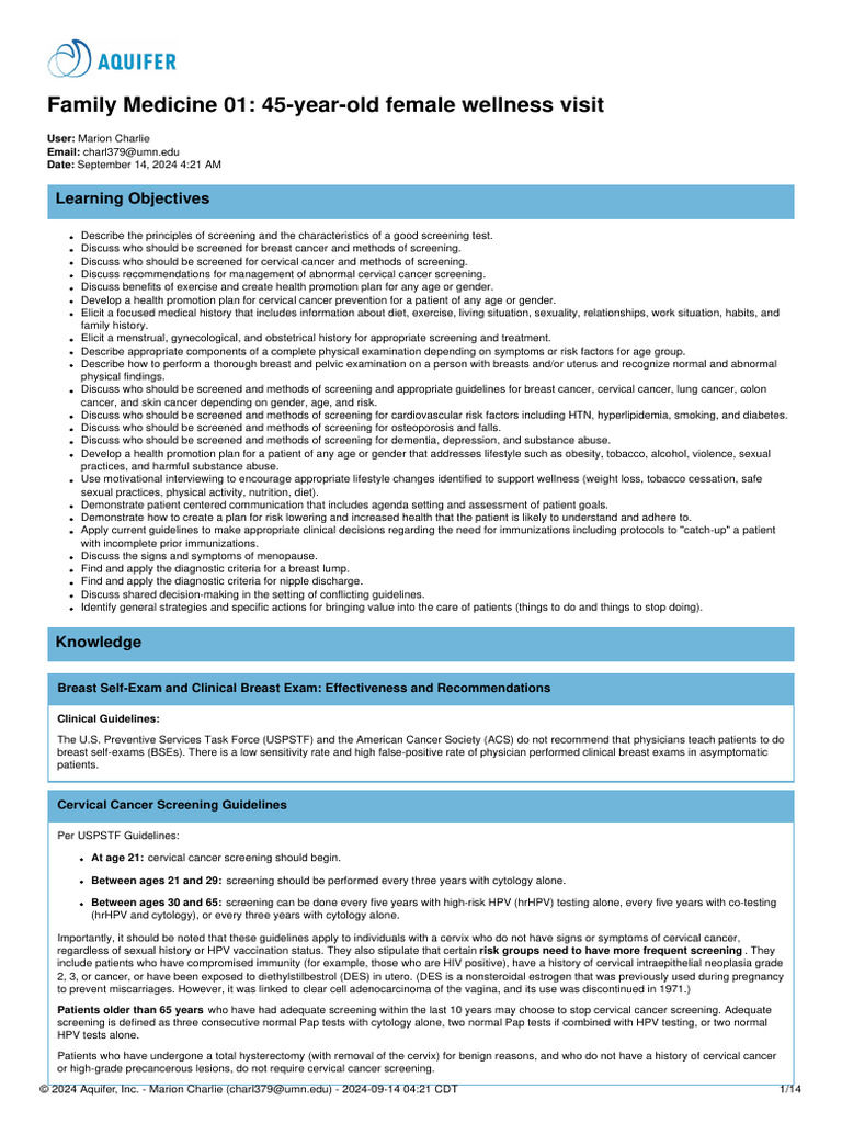 Female Wellness Visit: Screening Guidelines | PDF | Mammography ...