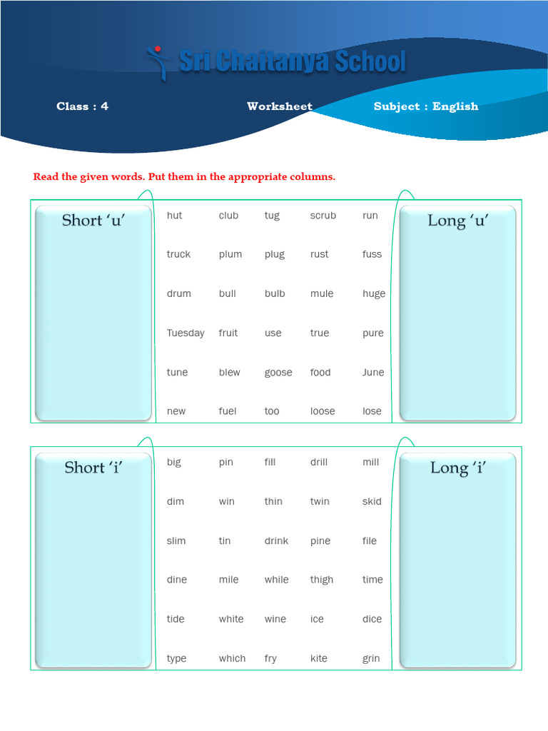 Class - IV - Worksheet - Short & Long - I & U | PDF