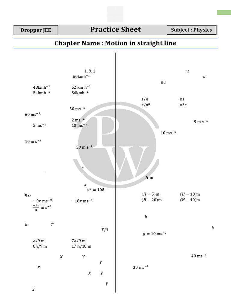 Motion in Straight Line - Practice Sheet | PDF | Acceleration | Velocity