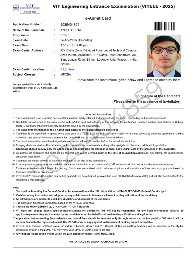 Vit Admit Card | PDF