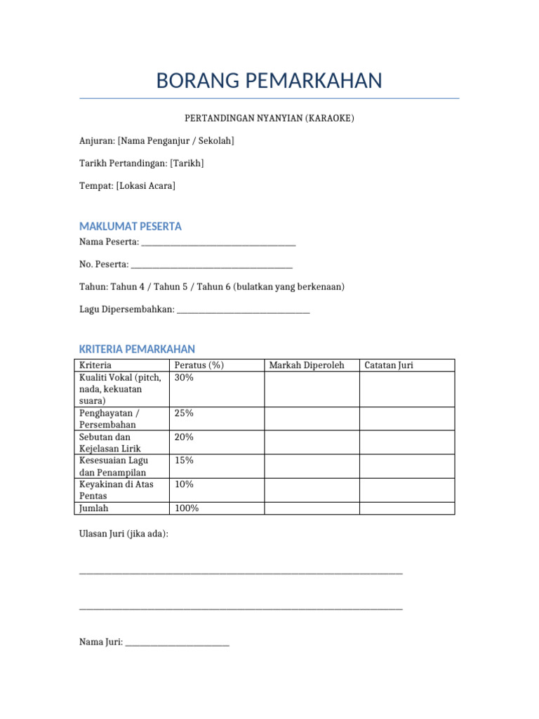 Borang Pemarkahan Pertandingan Karaoke | PDF