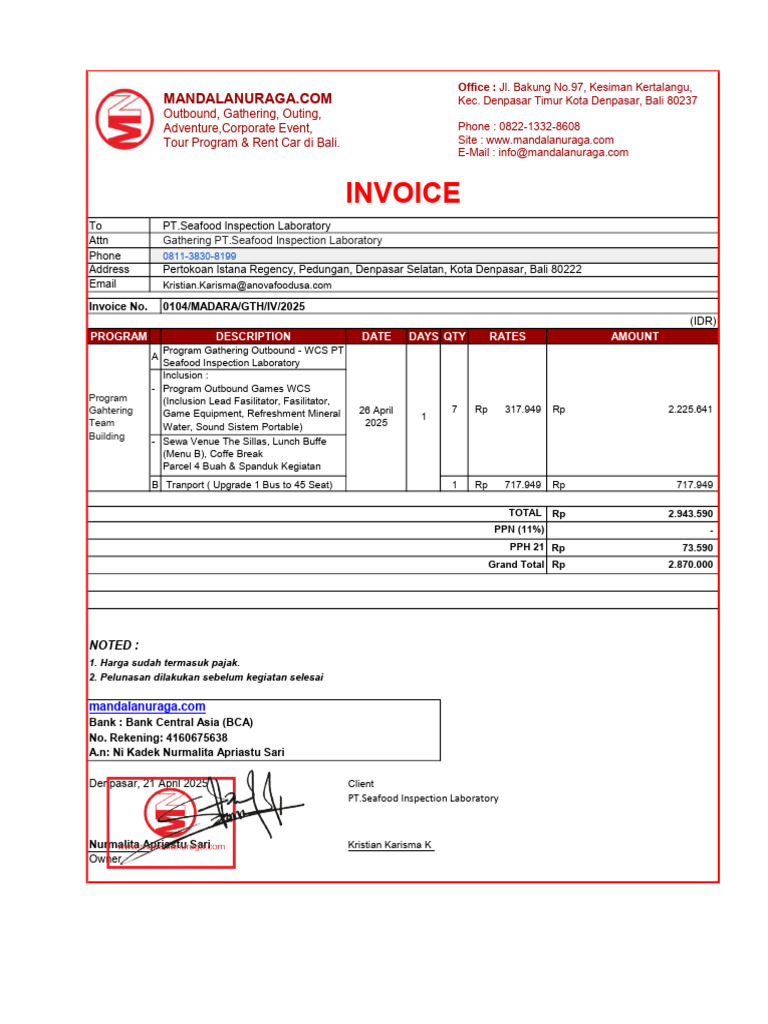 Invoice PT. Seafood Inspection | PDF