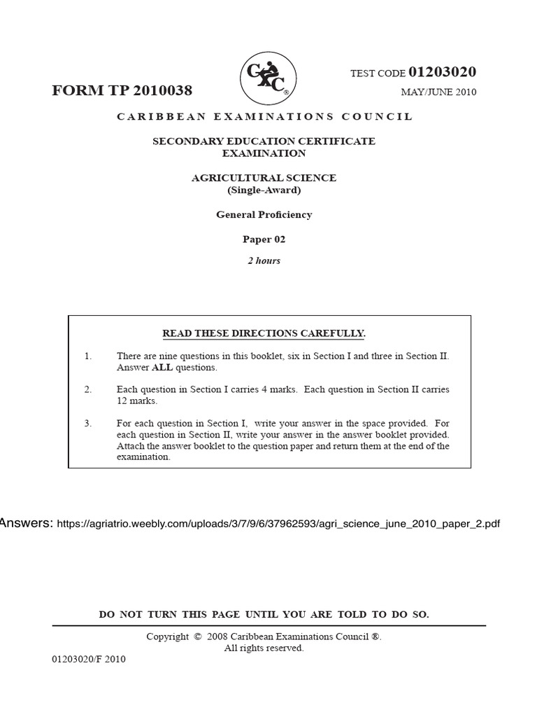 CSEC Agri Science SA June 2010 P2 | PDF | Chicken | Weed