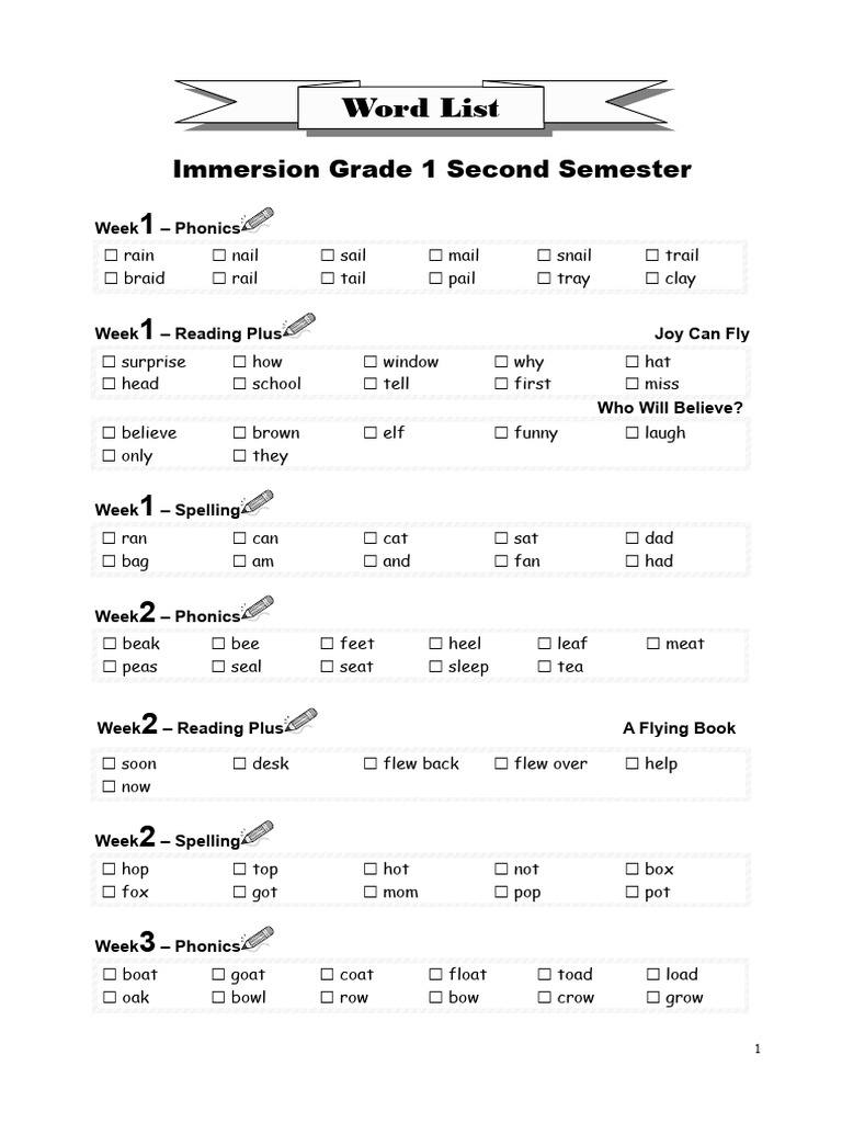 Grade 1 Immersion Word Lists | PDF