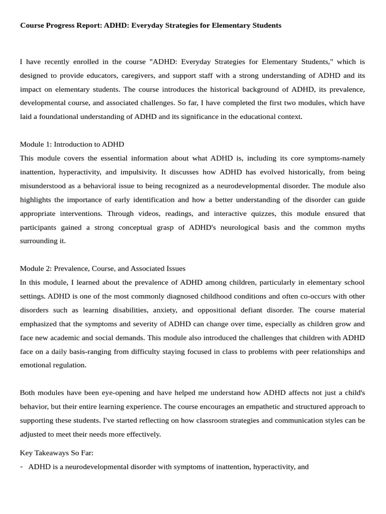 ADHD Course Progress Report | PDF | Attention Deficit Hyperactivity ...