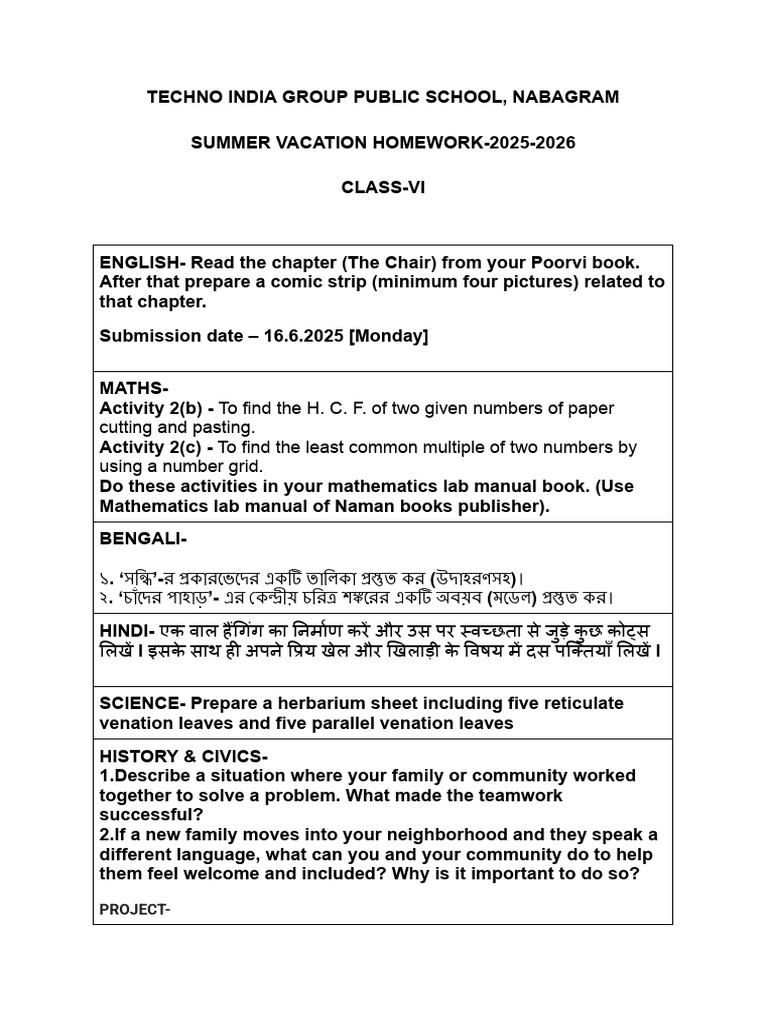 CLASS-VI SVHW 25-26 | PDF
