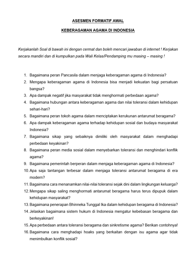 Asesmen Formatif Awal Keberagaman Agama | PDF
