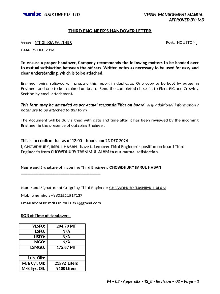 43 - 8. M02 - App 43 - 8 - Third Engineer Handover Report (R02) | PDF