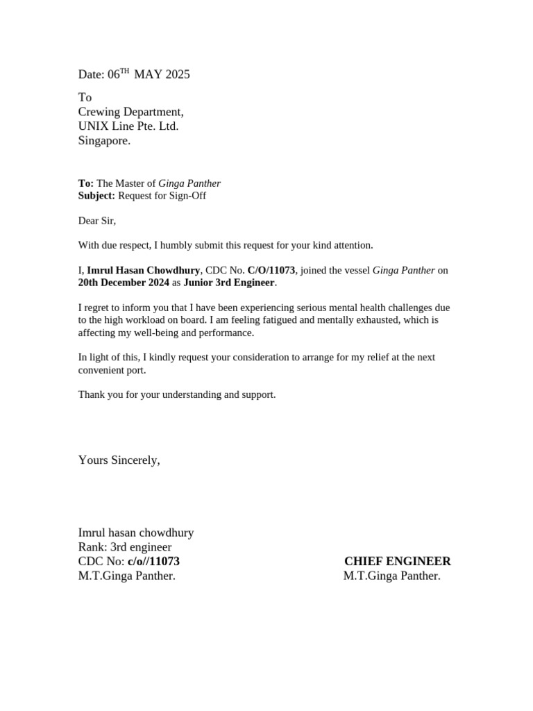 Sign-Off Request for 3rd Engineer | PDF