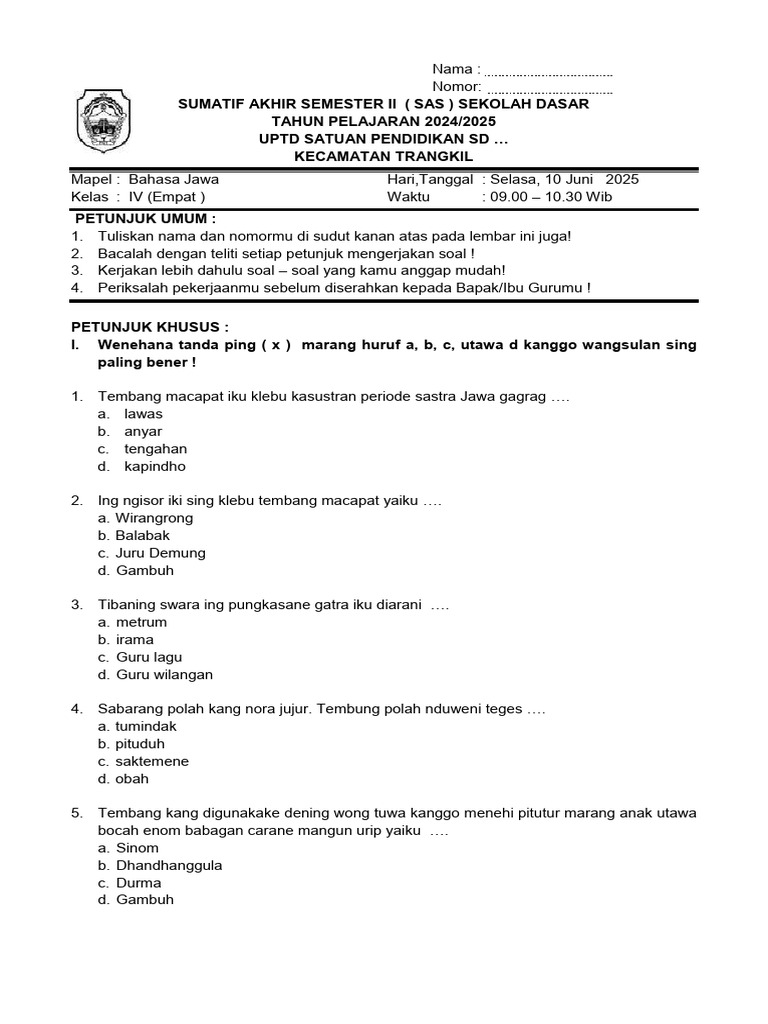 Soal, Sas, Bhs Jawa, Kls IV | PDF