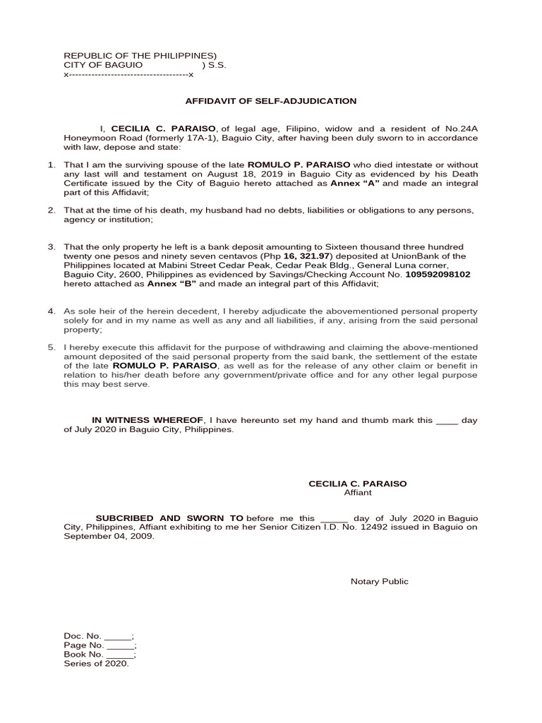 AFFIDAVIT of Self-Adjudication | PDF | Affidavit | Inheritance
