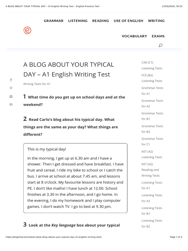 A BLOG ABOUT YOUR TYPICAL DAY - A1 English Writing Test - English ...